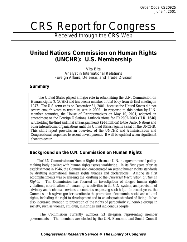 United Nations Commission on Human Rights (UNCHR): U.S. Membership ...