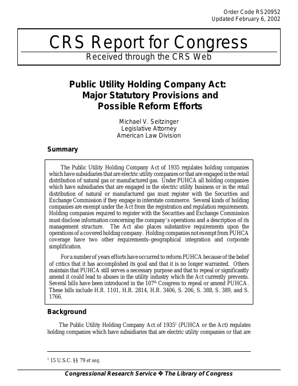 Public Utility Holding Company Act: Major Statutory Provisions and ...