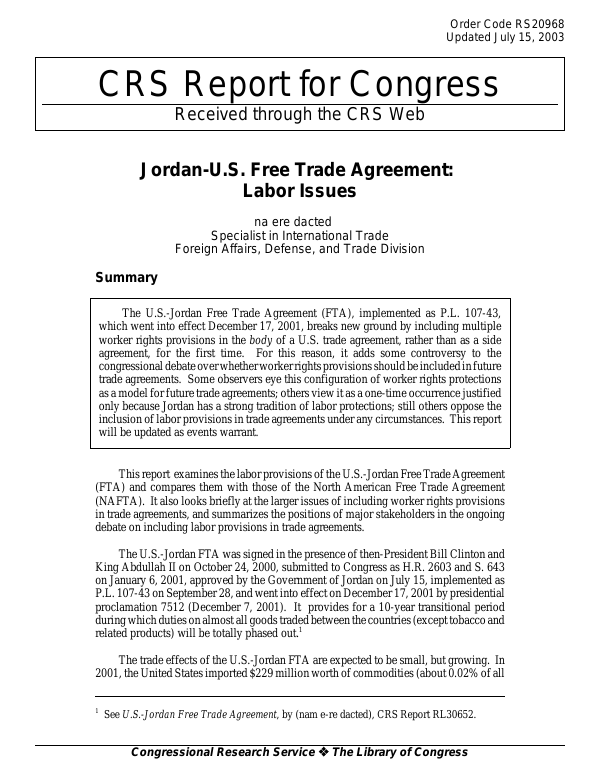 Jordan-U.S. Free Trade Agreement: Labor Issues - EveryCRSReport.com
