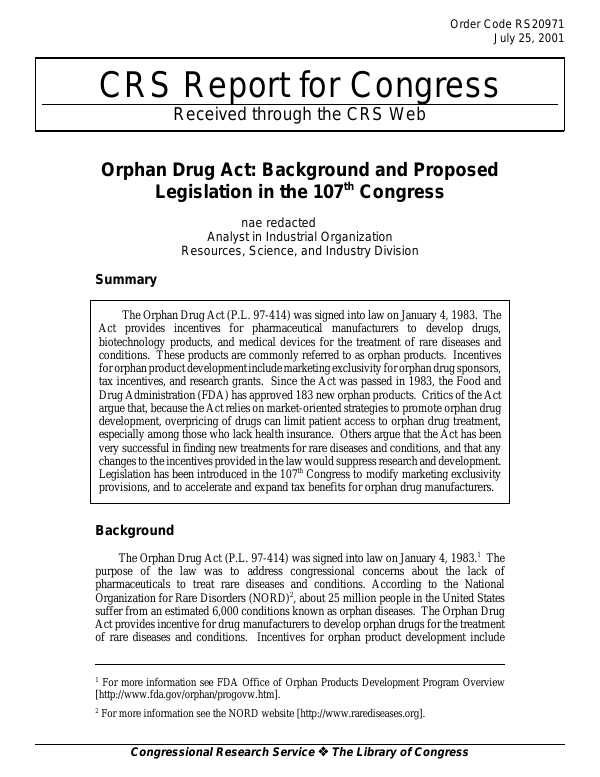 Orphan Drug Act: Background and Proposed Legislation in the 107th ...