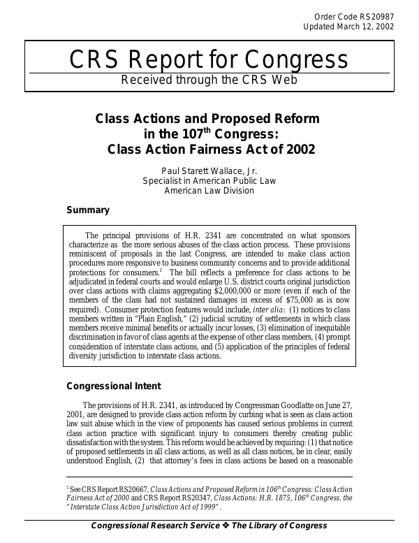 Class Actions and Proposed Reform in the 107th Congress: Class Action ...