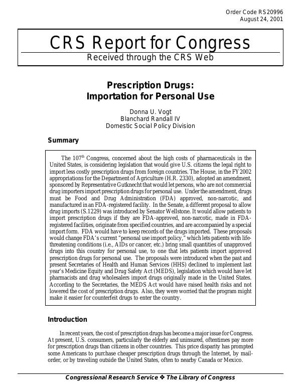 Prescription Drugs: Importation for Personal Use - EveryCRSReport.com