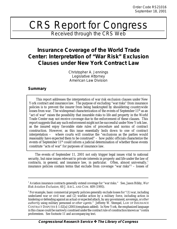 Insurance Coverage of the World Trade Center: Interpretation of "War ...