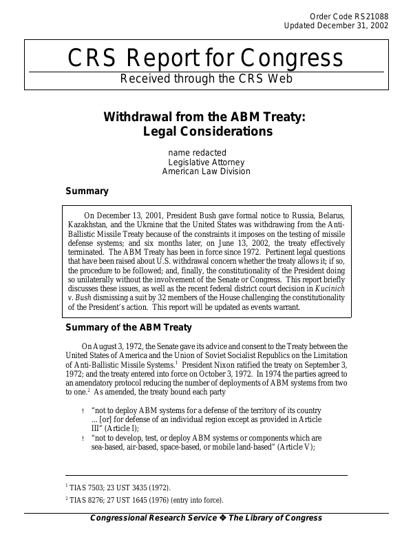 Withdrawal from the ABM Treaty: Legal Considerations - EveryCRSReport.com