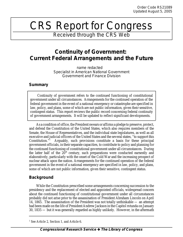 Continuity of Government: Current Federal Arrangements and the Future ...