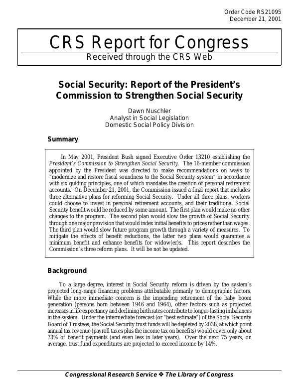 Social Security: Report of the President's Commission to Strengthen ...