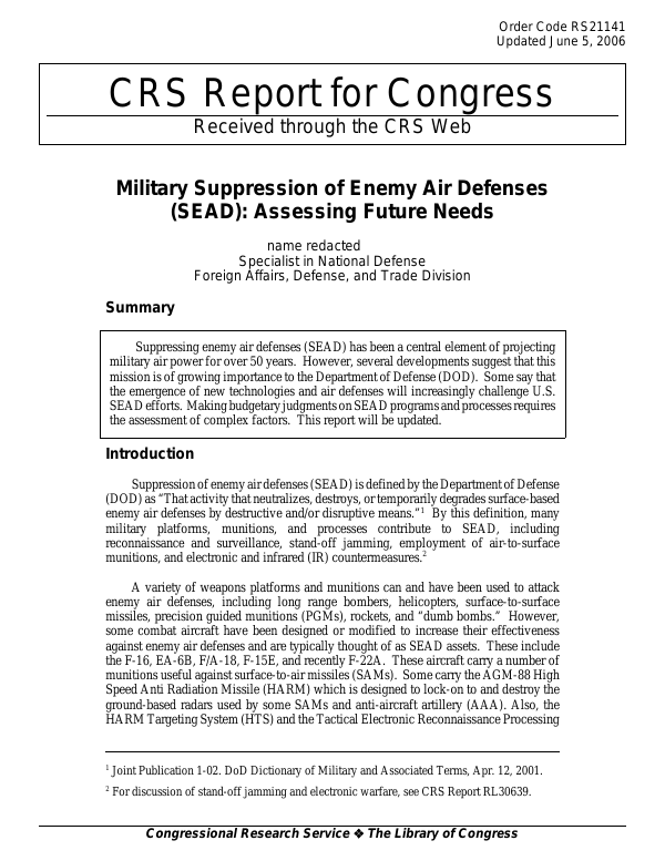 Military Suppression of Enemy Air Defenses (SEAD): Assessing Future ...
