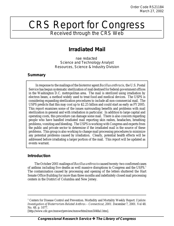 Irradiated Mail - EveryCRSReport.com