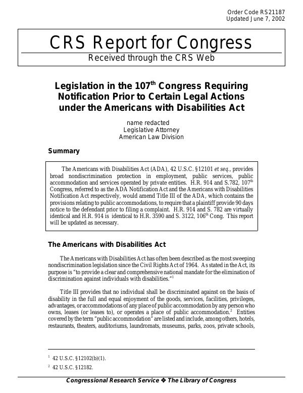 Legislation in the 107th Congress Requiring Notification Prior to ...