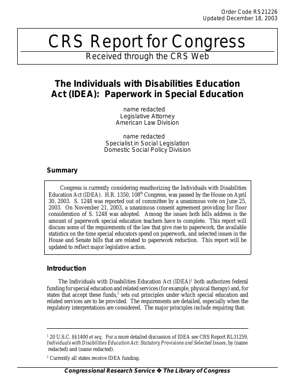 The Individuals with Disabilities Education Act (IDEA): Paperwork in ...