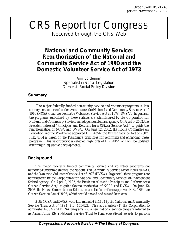 National and Community Service: Reauthorization of the National and ...