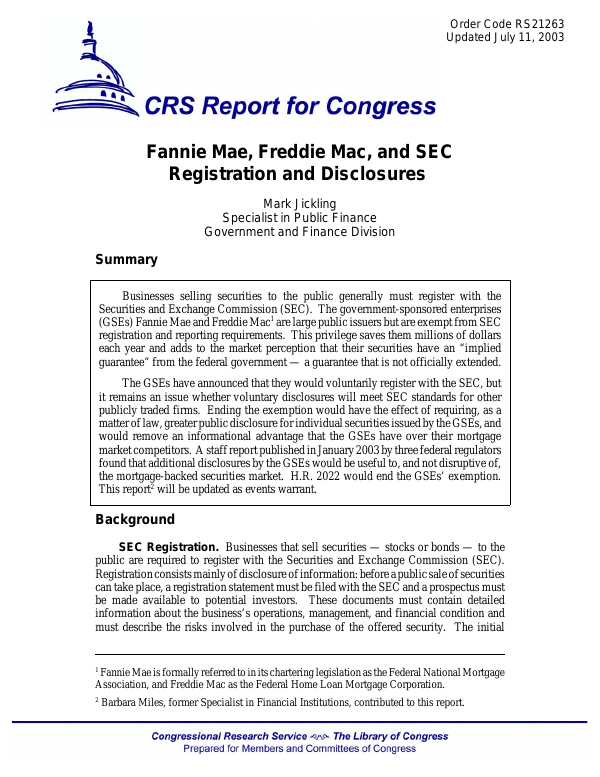 Fannie Mae, Freddie Mac, and SEC Registration and Disclosures ...
