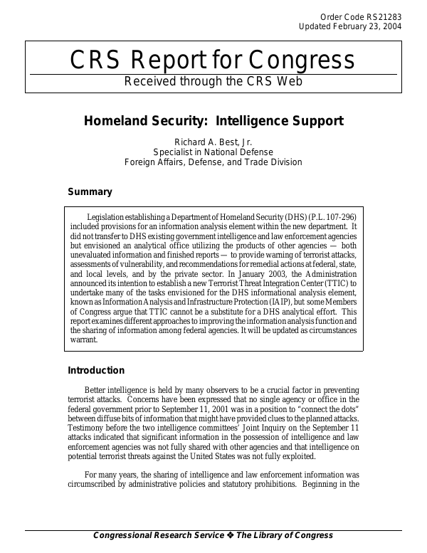 Homeland Security: Intelligence Support - EveryCRSReport.com