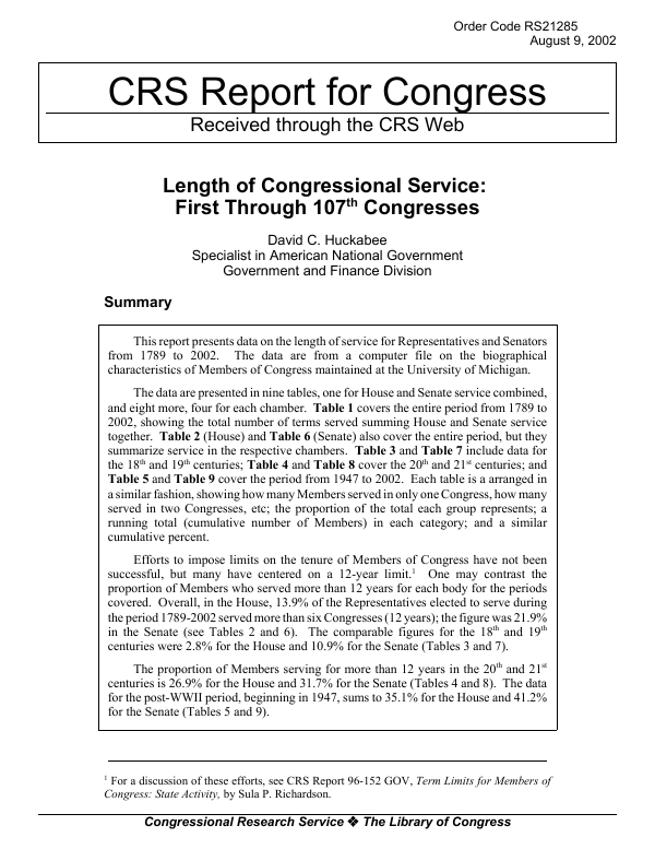 Length of Congressional Service: First Through 107th Congresses ...