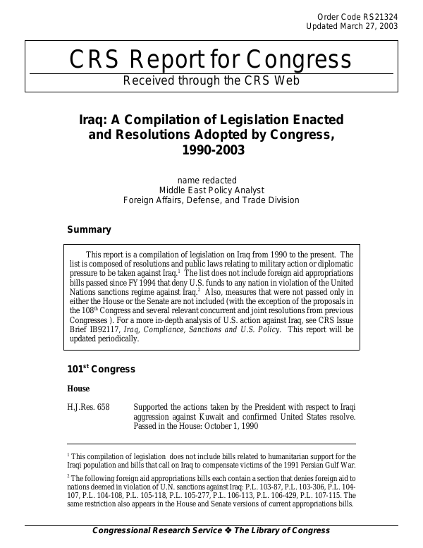 Iraq: A Compilation of Legislation Enacted and Resolutions Adopted by ...