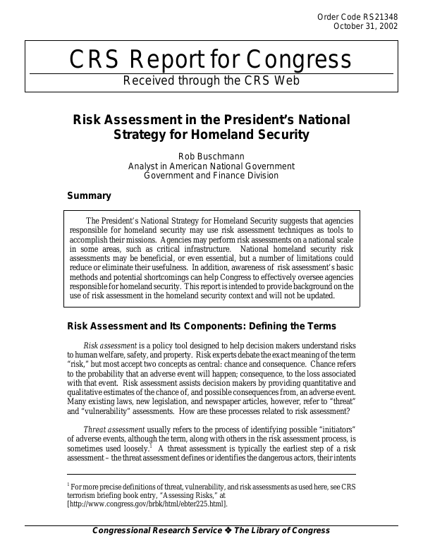 Risk Assessment in the President's National Strategy for Homeland ...