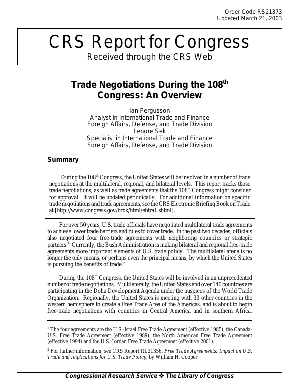 Trade Negotiations During the 108th Congress: An Overview ...
