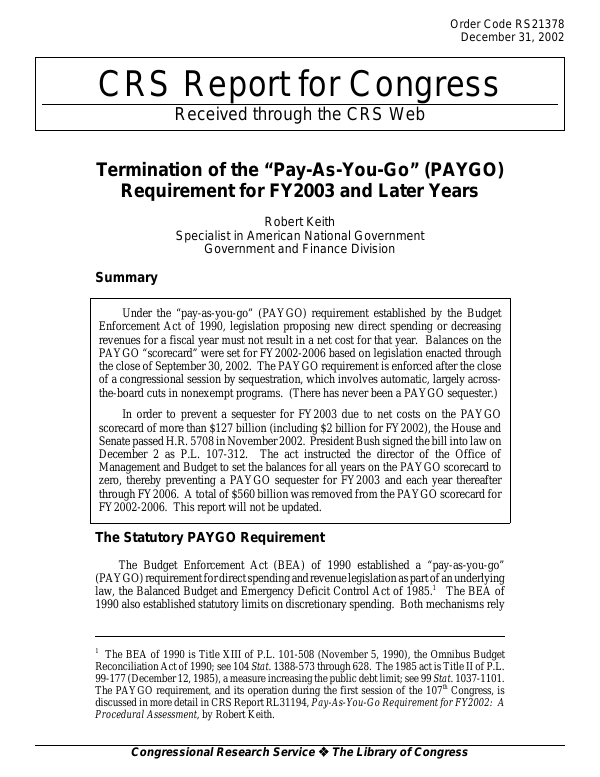 Termination of the “Pay-As-You-Go” (PAYGO) Requirement for FY2003 and ...