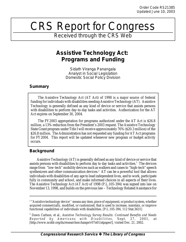 Assistive Technology Act: Programs and Funding - EveryCRSReport.com