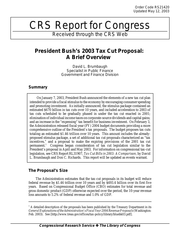 President Bush’s 2003 Tax Cut Proposal: A Brief Overview ...