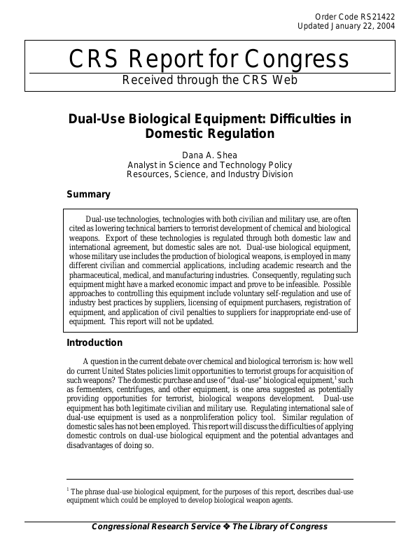 Dual-Use Biological Equipment: Difficulties in Domestic Regulation ...