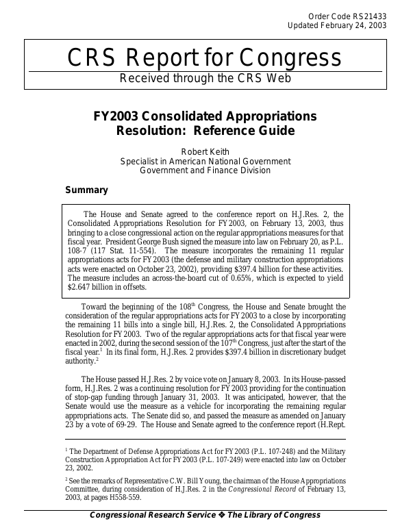 FY2003 Consolidated Appropriations Resolution: Reference Guide ...
