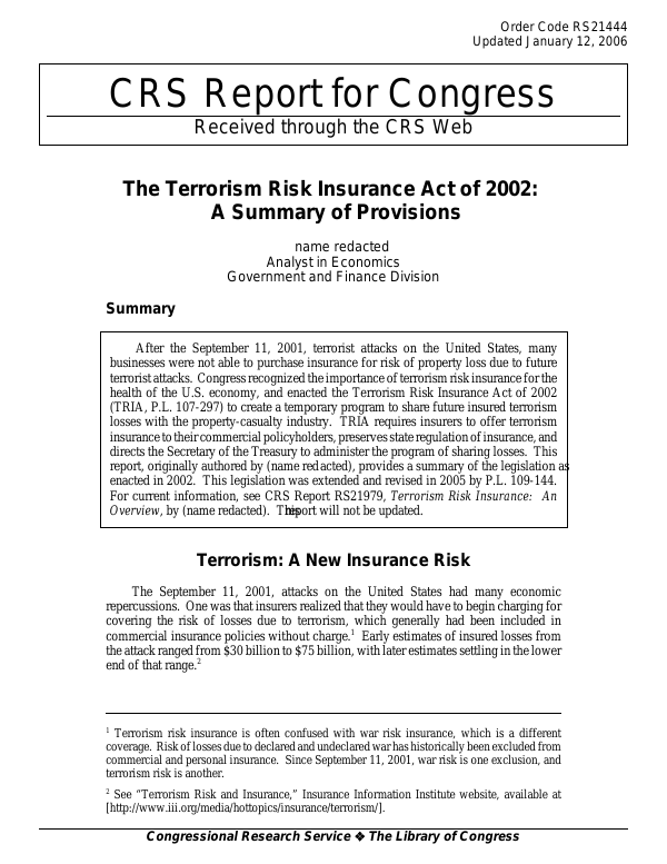 The Terrorism Risk Insurance Act of 2002: A Summary of Provisions ...