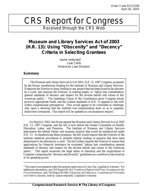 Museum and Library Services Act of 2003 (H.R. 13): Using "Obscenity ...