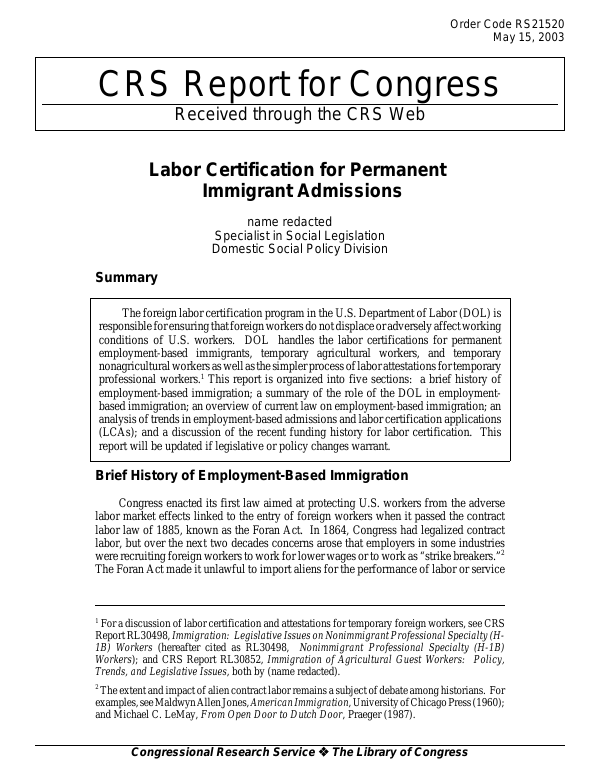 Labor Certification for Permanent Immigrant Admissions - EveryCRSReport.com
