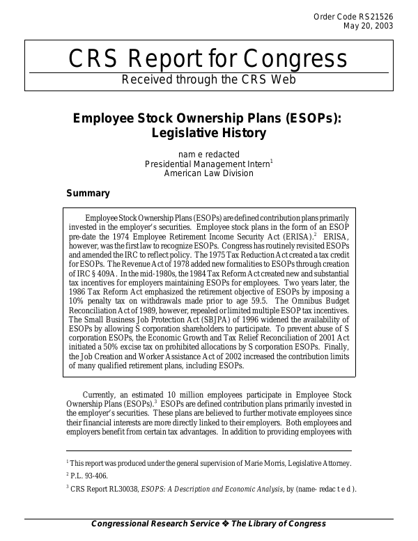 Employee Stock Ownership Plans (ESOPs): Legislative History ...