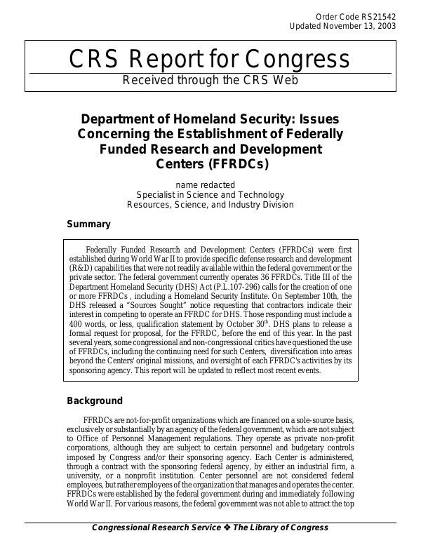 Department of Homeland Security: Issues Concerning the Establishment of ...