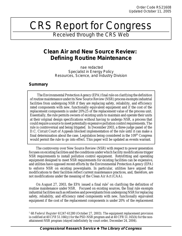 Clean Air and New Source Review: Defining Routine Maintenance ...