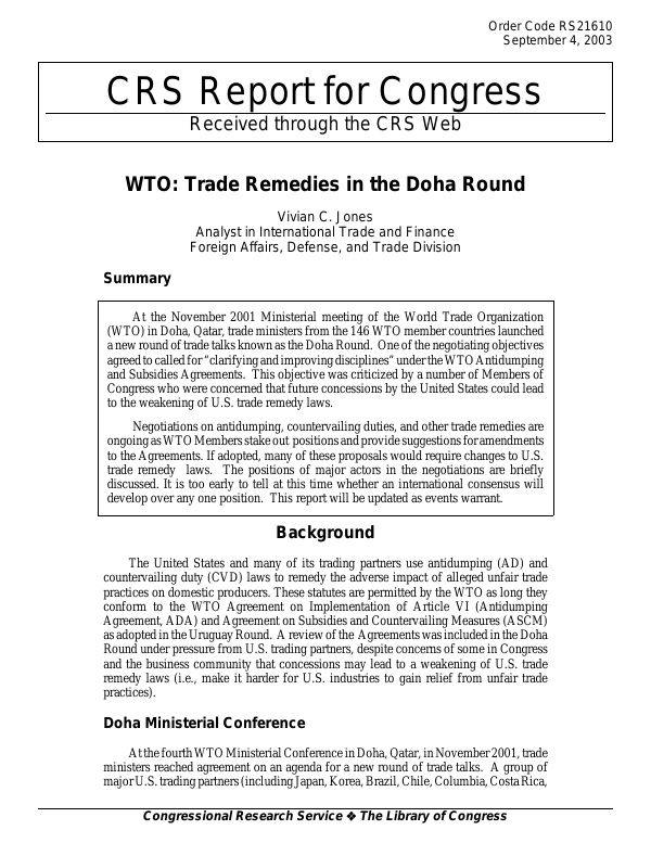 WTO: Trade Remedies in the Doha Round - EveryCRSReport.com