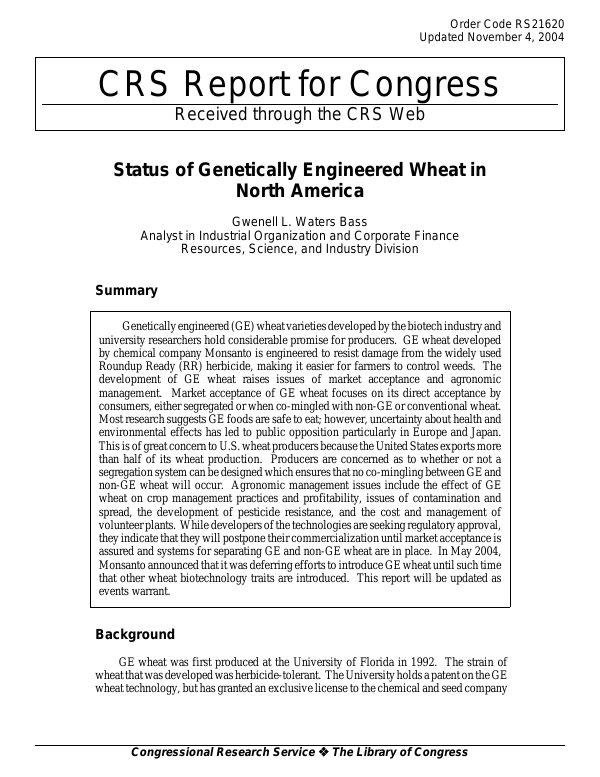 Status of Genetically Engineered Wheat in North America ...