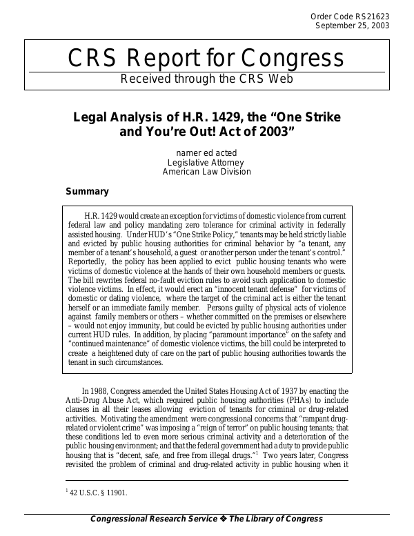 Legal Analysis of H.R. 1429, the "One Strike and You're Out! Act of ...