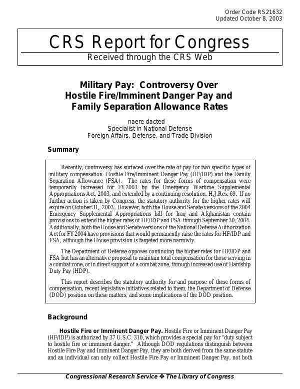 Military Pay: Controversy Over Hostile Fire/Imminent Danger Pay and ...