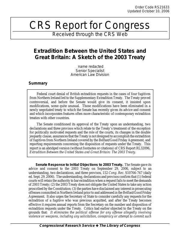 Extradition Between the United States and Great Britain: A Sketch of ...