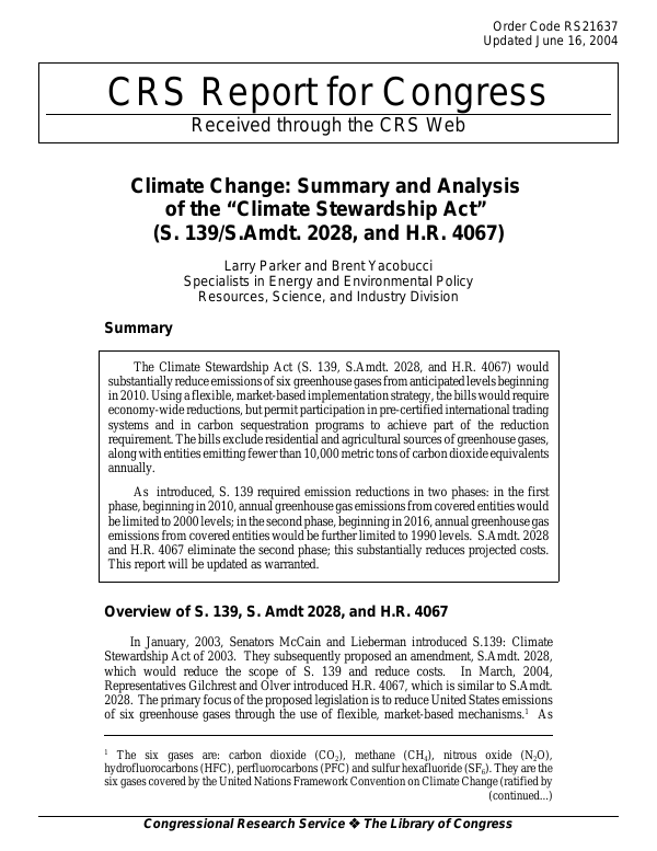 Climate Change: Summary and Analysis of the “Climate Stewardship Act ...