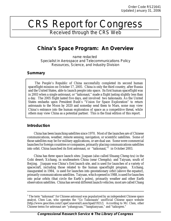 China's Space Program: An Overview - EveryCRSReport.com