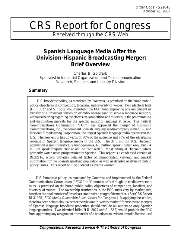 Spanish Language Media After the Univision-Hispanic Broadcasting Merger ...