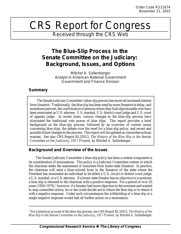 The Blue-Slip Process in the Senate Committee on the Judiciary ...