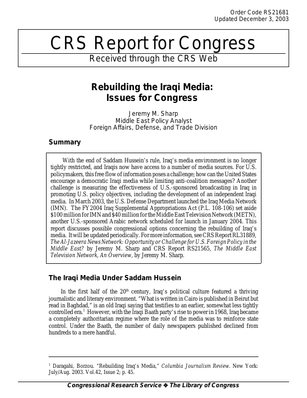 Rebuilding the Iraqi Media: Issues for Congress - EveryCRSReport.com