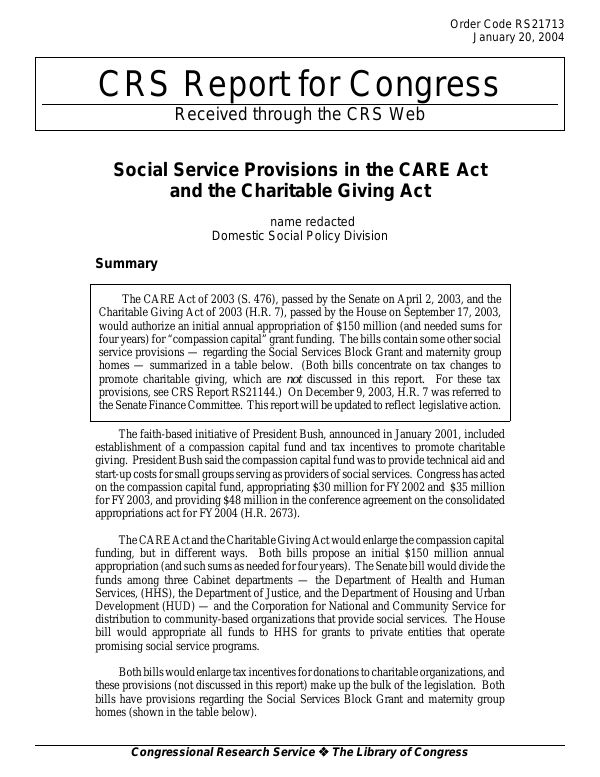 Social Service Provisions in the CARE Act and the Charitable Giving Act ...
