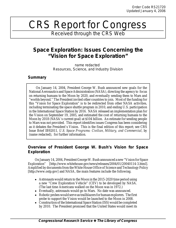 Space Exploration: Issues Concerning the "Vision for Space Exploration ...