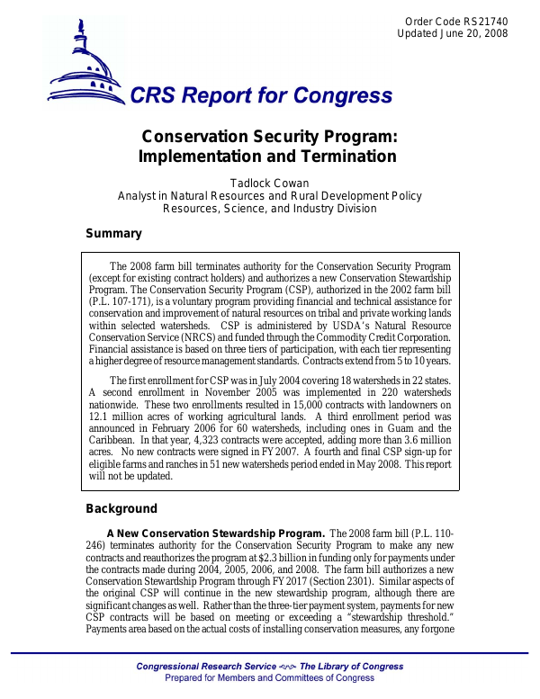 Conservation Security Program: Implementation and Termination ...
