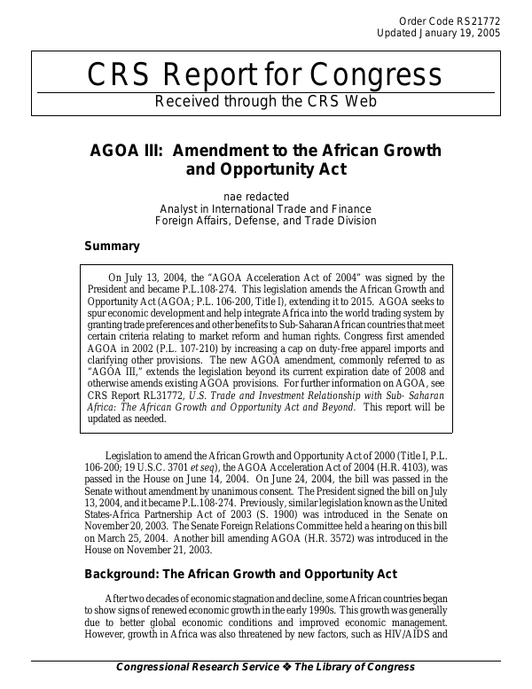 AGOA III: Amendment to the African Growth and Opportunity Act ...