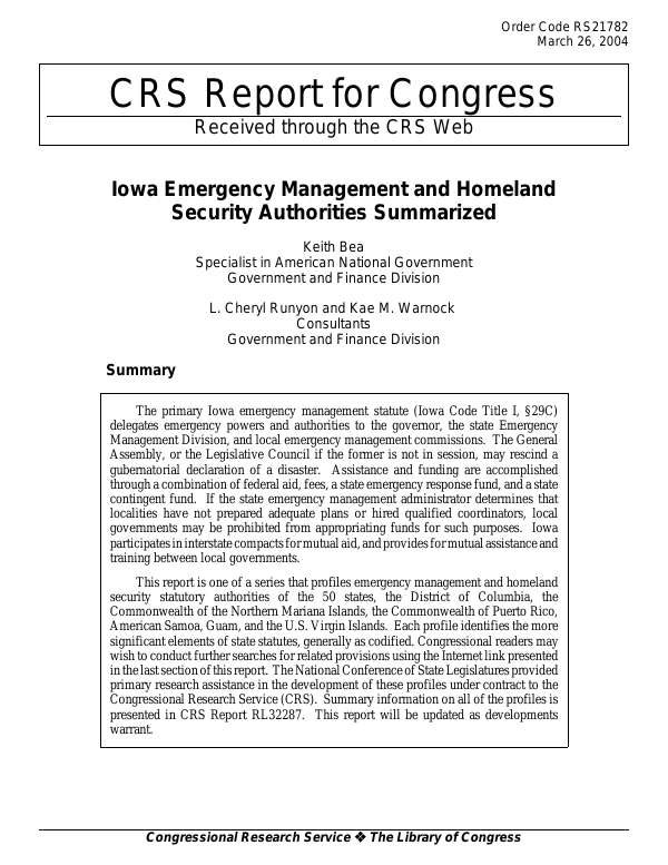 Iowa Emergency Management and Homeland Security Authorities Summarized ...