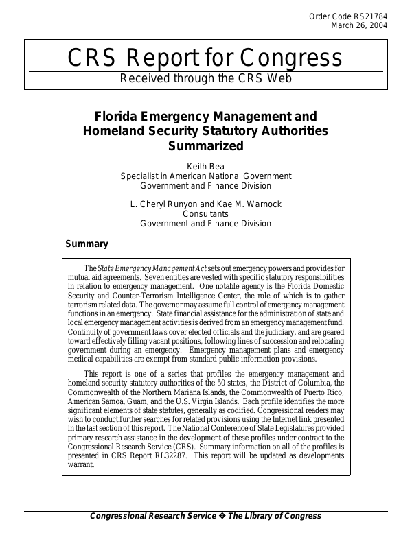 Florida Emergency Management and Homeland Security Statutory ...