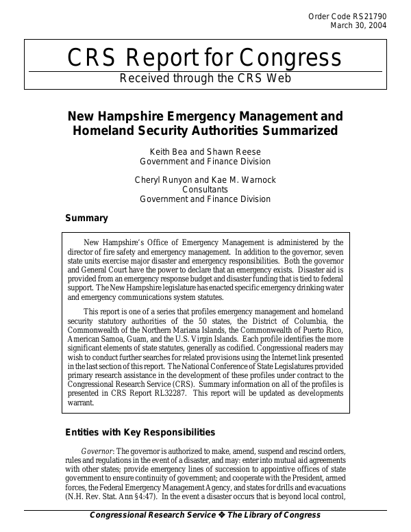New Hampshire Emergency Management and Homeland Security Authorities ...