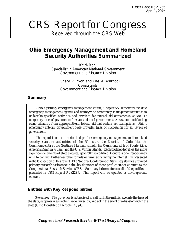 Ohio Emergency Management and Homeland Security Authorities Summarized ...